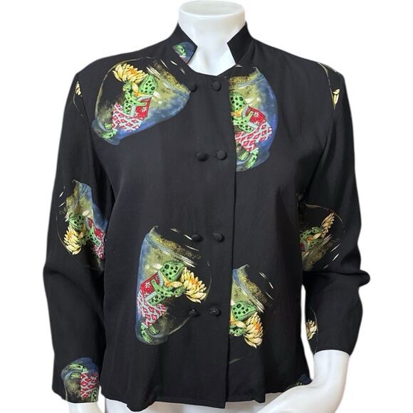 Harari | Tops | Vintage Harari Black Blouse Silk Asian Print Frogs ...